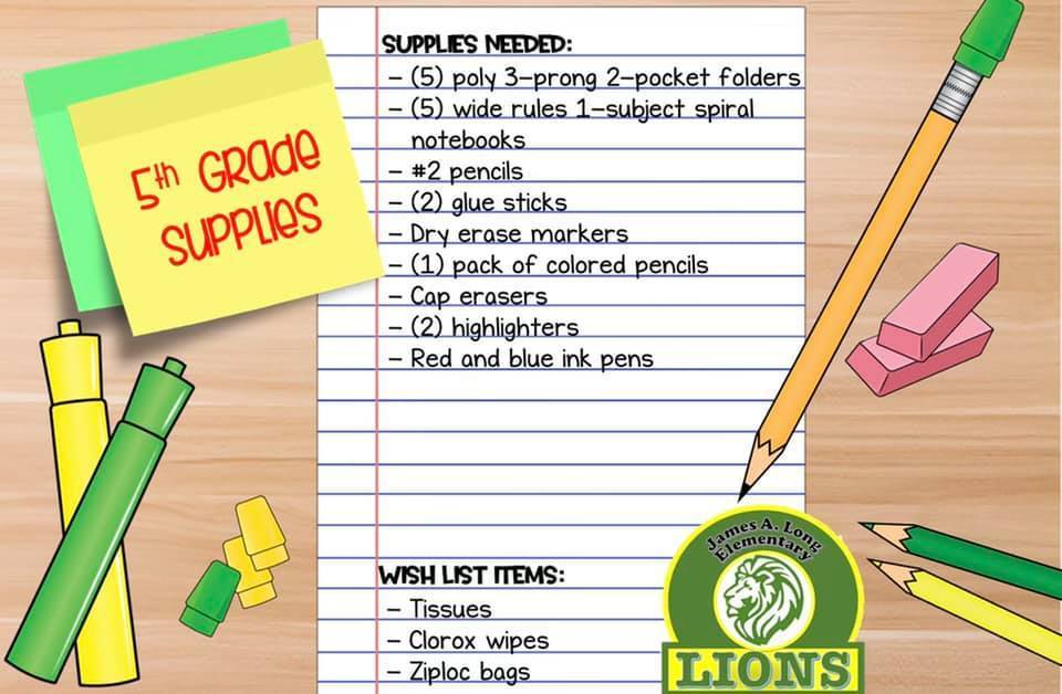 JAL 5th Grade Supply List 21-22 | James A. Long Elementary School